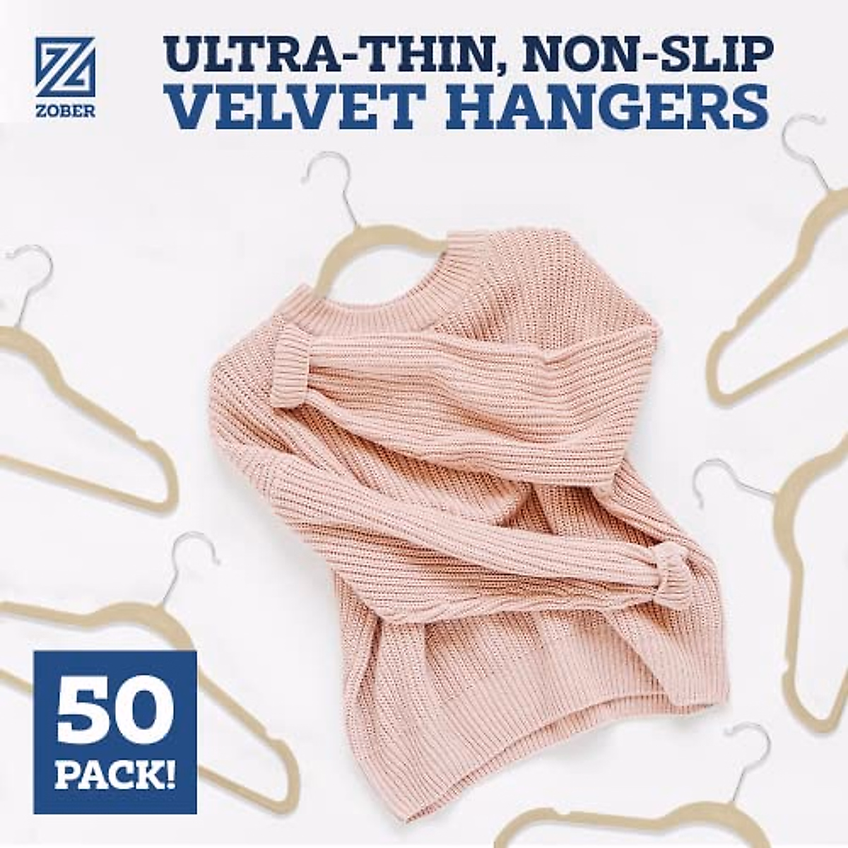Zober Velvet Hangers 50 Pack - Heavy Duty Ivory Hangers for Coats, Pants & Dress Clothes - Non Slip Clothes Hanger Set - Space Saving Felt Hangers for Clothing
