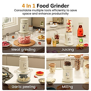 Sunvivi Electric Food Chopper, 4 in 1 Small Food Processor for Grinding Meat, Peeling Garlic & Juicing, 2 Speed Blender and Food Grinder Combo with 1.5L Glass Bowl & 2 Cups (0.4L+0.2L), Beige