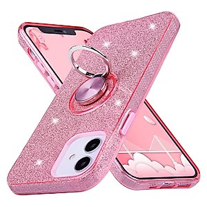 Wisdompro Case for iPhone 12 Mini, Cute Glitter Bling Sparkle Protective Case with Ring Kickstand, Women Girls Phone Case for 5.4 Inch Apple iPhone 12 Mini - Pink