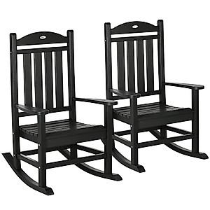 Outsunny 2 Pieces Outdoor Rocking Chair, All Weather-Resistant HDPE Rocking Patio Chairs with Rustic High Back, Armrests, Oversized Seat and Slatted Backrest, 350lbs Weight Capacity, Black