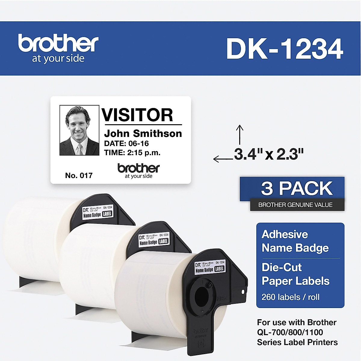 Brother Genuine DK-12343PK Die-Cut Name Badge Paper Labels, 2.3 in x 3.4 in (60 mm x 86 mm) Adhesive Name Badge White Paper Labels, 260 Labels per Roll, (3) Rolls per Box