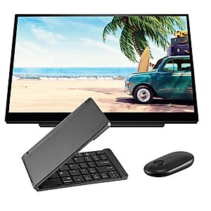 HP E14 FHD (1920 x 1080) Portable Travel Monitor Bundle with USB Type-C, Black Matte Bluetooth Folding Wireless Keyboard, and Black Pebble M355 Bluetooth Wireless Mouse