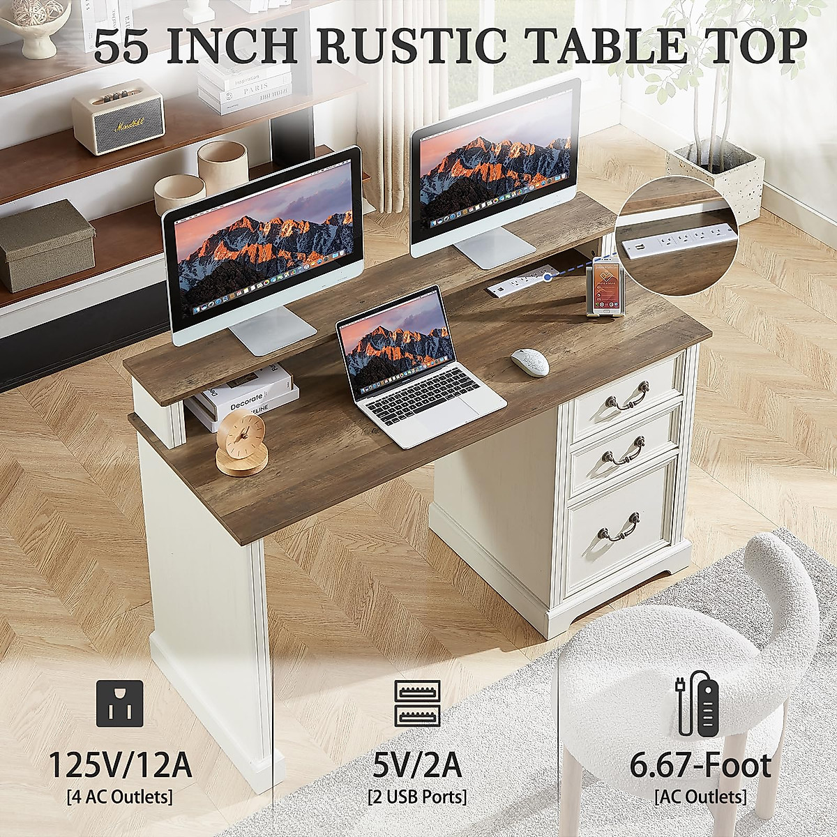 Vagaconl 55in Farmhouse Desk with Outlets, Mid Century Modern Desk with Charging Station File Cabinet, Storage Cabinet, Vintage Computer Writing Desk,Home Office,White and Brown