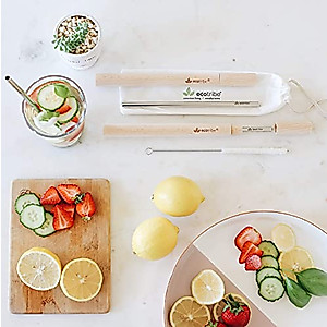 Reusable Metal Stainless Steel Straws: 2 Travel Reusable Straws + 1 Wooden Case + 1 Cotton Cleaning Brush + 1 Pouch, for Hot and Cold Drinks, Portable for Personal Use, 8.5 inches, by Ecotribe
