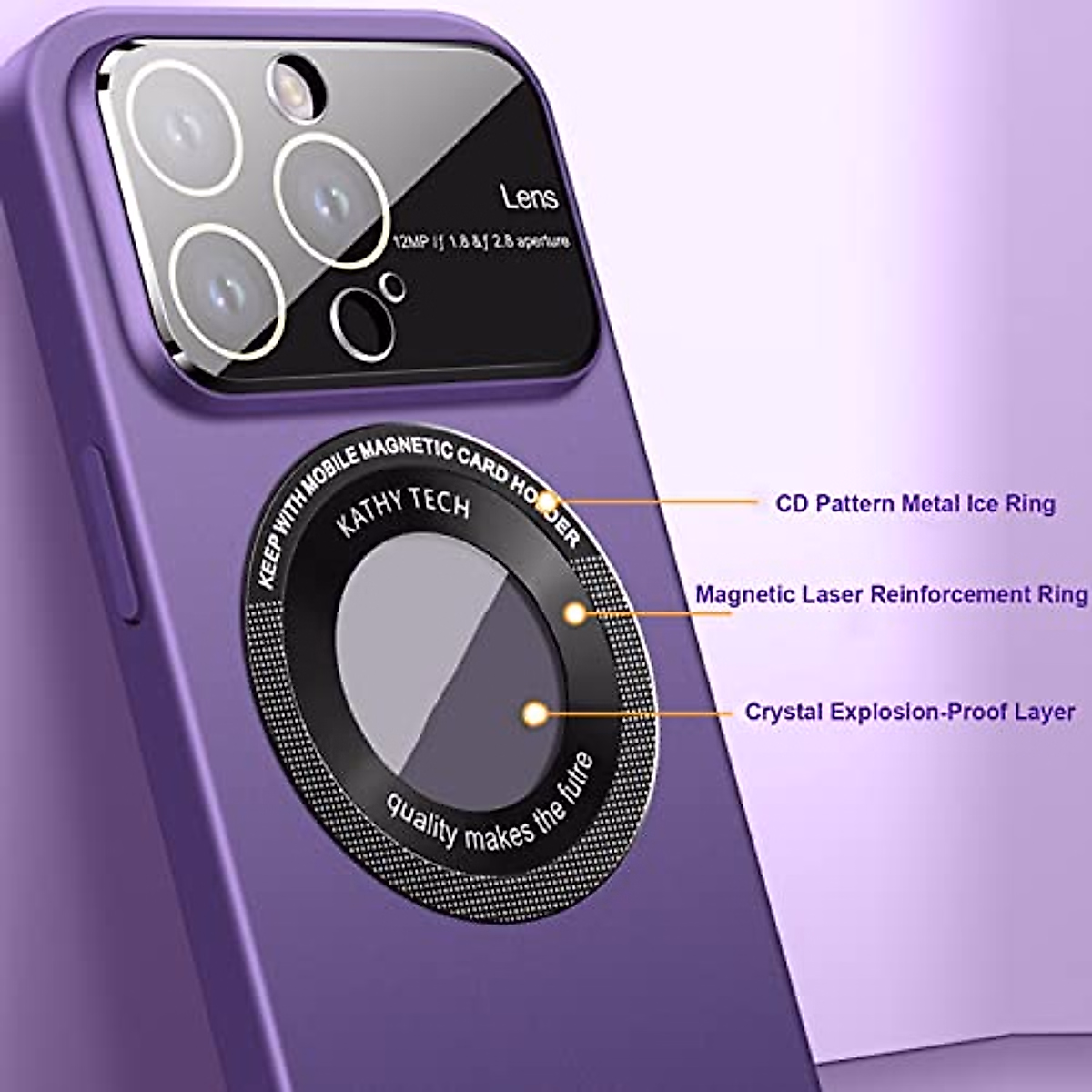 Wide Lens Cover PC for iPhone Case, Window Glass Lens Camera Protector, Magnetic Phone Case Logo View, Women Men Hard Shockproof Cases, Slim Matte Cases Cover (Dark Purple, for iPhone 14 Pro Max)