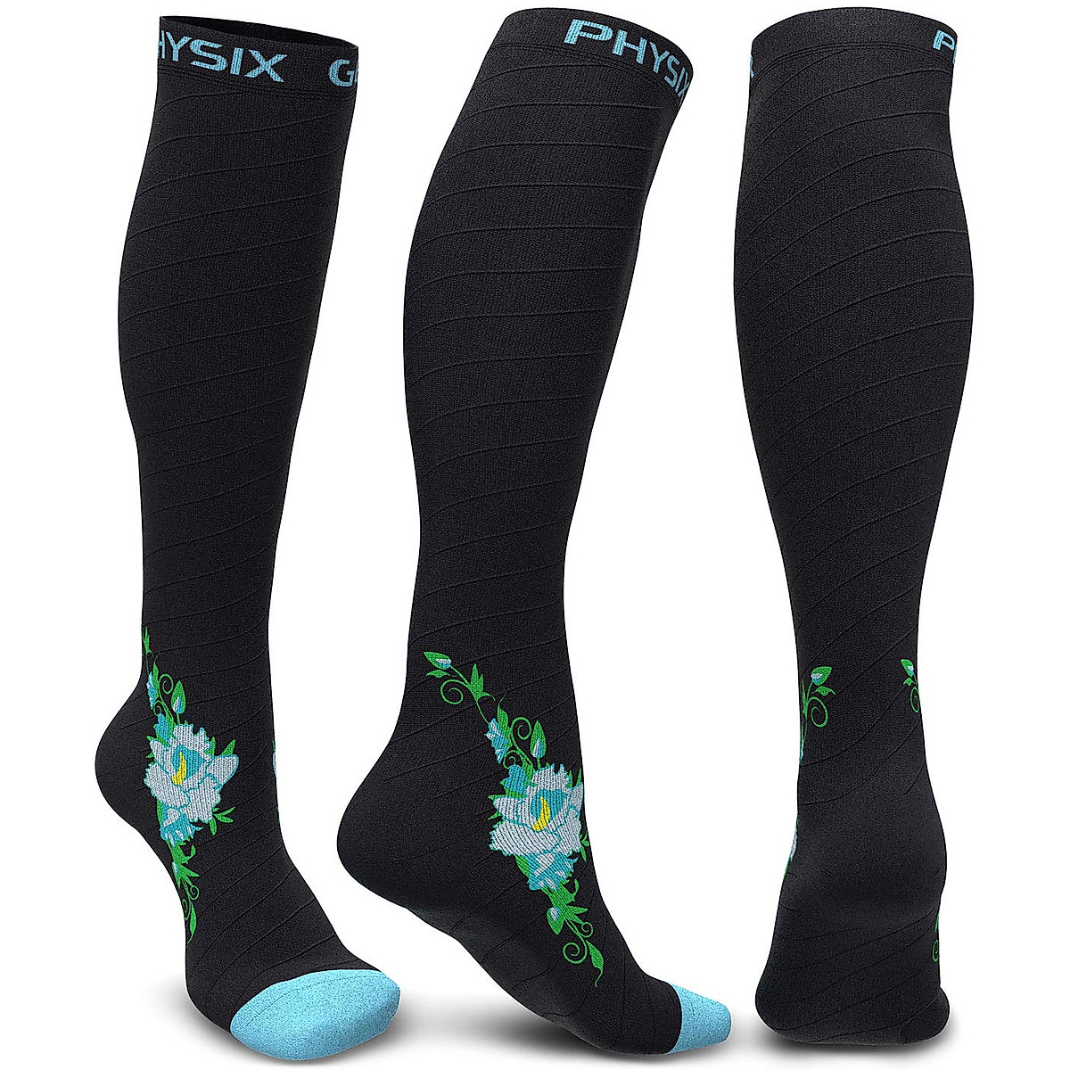 Physix Gear Compression Socks 20-30 mmHg - Men & Women - Running, Nurses, Shin Splints, Flight, Travel (BLACK / BLUE FLOWER-S/M)