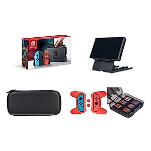 Nintendo Switch - Neon Blue and Red Joy-Con with Amazon Basics Carrying Case,Playstand,Game Storage & Grip Kit