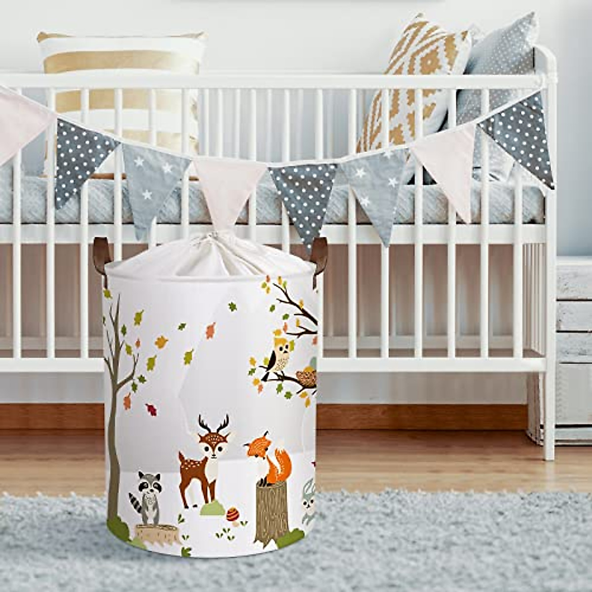 Clastyle 45L Woodland Animals Laundry Basket Collapsible Waterproof Forest Fox Storage Basket with Handle Kids Room Jungle Deer Laundry Hamper with Drawstring, 14 * 17.7 in