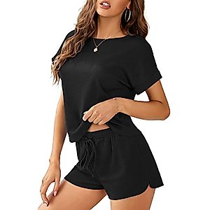 Aifer Sexy Pajama Sets for Women Waffle Knit Loungewear Set Short Sleeve Top and Shorts Two Piece Lounge Sets Spring Matching Sets with Pockets Black