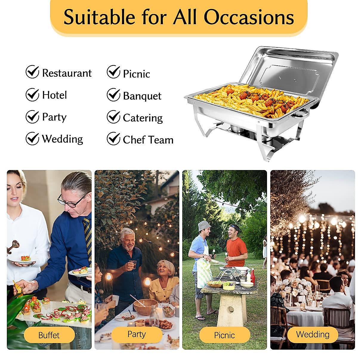 Snowtaros 4 Pack 8QT Chafing Dish Buffet Set, Stainless Steel Food Warmer Set, Rectangular Buffet Server with Tongs & Spoons for Parties, Catering, Banquets, Events (2 Full Size + 2 Half Size)