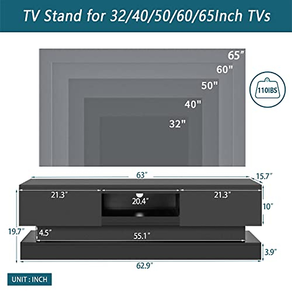 YISUYA Modern Tv Stand, Black Morden TV Stand with LED Lights, High Glossy Front Tv Cabinet, for TV up to 63 Inch, Floor Tv Wall Cabinet, Modern TV Stand, for Living Room or Bedroom