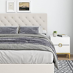 HOMBCK Twin Bed Frame, Upholstered Bed Frane Twin with Button Tufted Headboard, Linen Fabric Modern Bed Frame, Sturdy Wood Slat Support, No Box Spring Needed, Beige