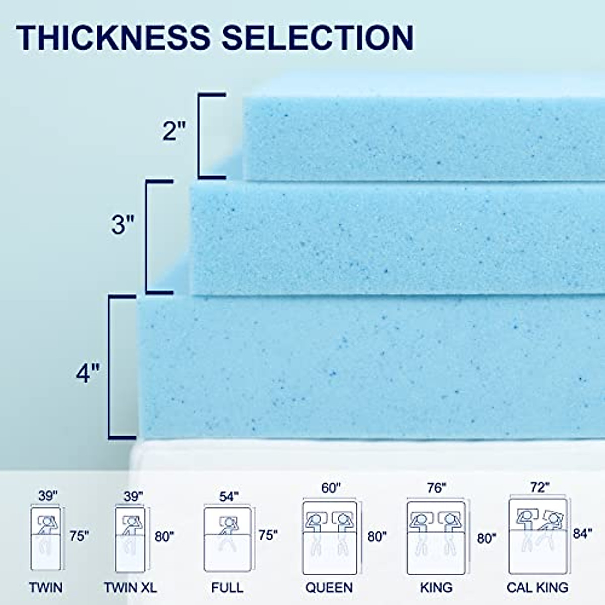 subrtex 4 Inch Memory Foam Mattress Topper Ventilated Gel Infused Bed Foam Topper, CertiPUR-US Certified, California King, Blue
