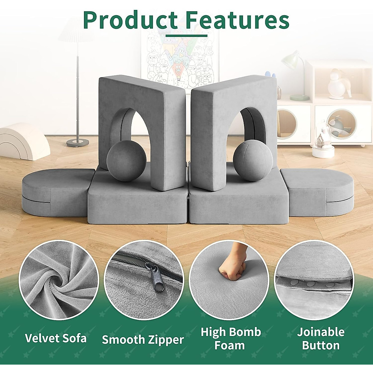 8 Pcs Kids Couch, Modular Kids Play Couch, Fold Out Toddler Couch Building Fort with Balls for Playroom, Convertible Kids Floor Sofa and Foam Couch for Boys and Girls, 30+ Creativity - Grey