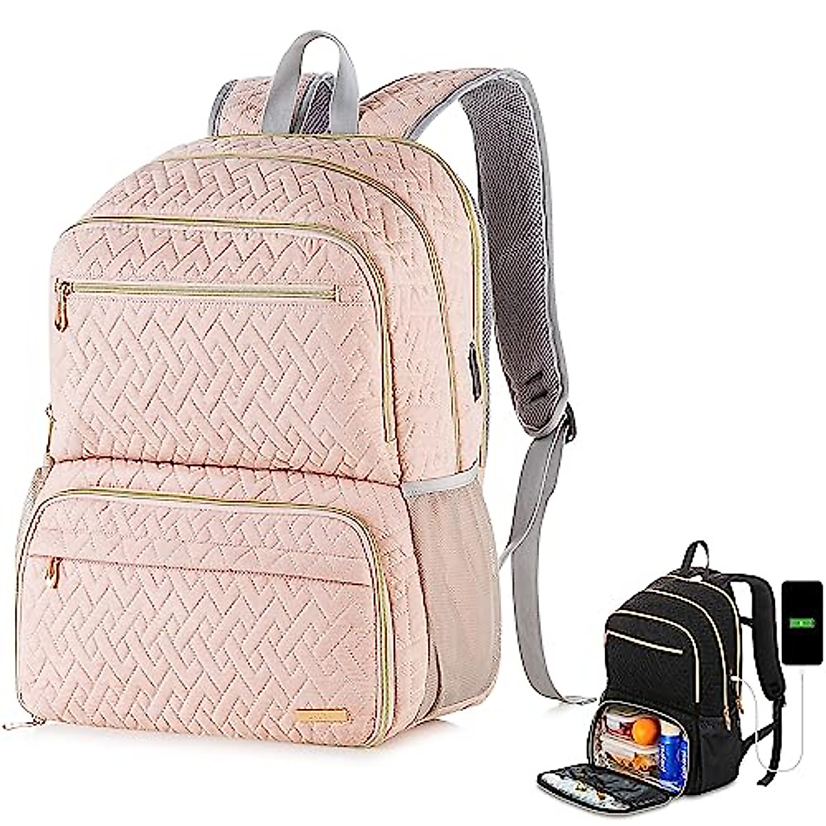 BAOXA Lunch Backpack for Women, 17 inch Laptop Backpack with USB Charging Port, Large Computer Backpack with Lunch Compartment, Insulated Backpack Lunch Bag for Work Travel (Pink, 17in)