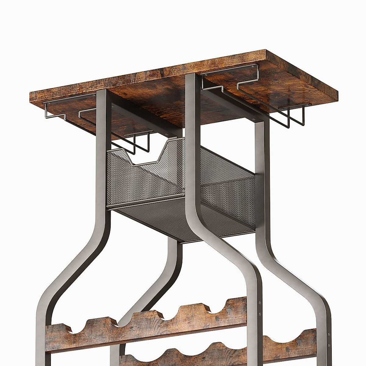 Amyove Metal Wine Rack Wine Bottle Holders Stands Freestanding Floor,Wine Storage Organizer Display Rack Table Wine Glass Rack for Bar Kitchen Dining Living Room, Small Spaces,Rustic Brown