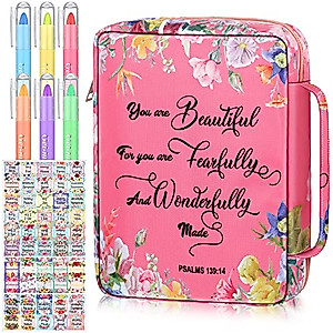 Bible Cover Floral Carrying Book Case with Handle and Zippered Back Pocket 10 x 7.5 x 2.5 Inch Church Bag with Bookmarks and Pens for Standard Size Bible Gift for Women Girl Kids (Delicate Style)