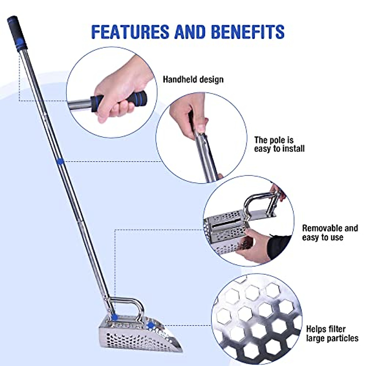 Shaledig Sand Scoop for Metal Detecting, 304 Stainless Steel Shovel Scoop for Metal Detecting for Adults, Rust-Proof Sand Scoops for Treasure Hunting, Handheld with Long Heavy Duty Handle Pole Design