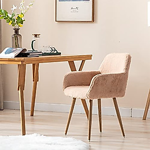 Faux Fur Side Reception Chair, Vanity Chair Desk Chair Small Home Office Accent Chair Cute Chair with Wood Metal Legs for Bedroom Makeup Living Room
