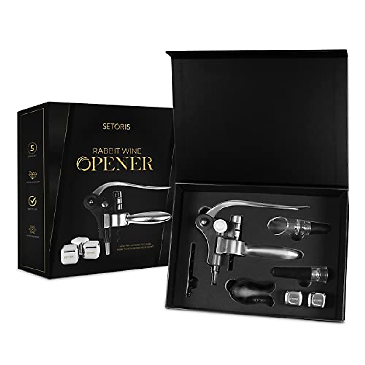 Stainless Steel Rabbit Wine Opener Set With 2 Metallic Ice Cubes, Wine Aerator Pourer, Wine Stopper & Foil Cutter By Setoris- Manual Wine Bottle Opener Corkscrew Kit- Great Wine Accessory Gift Set