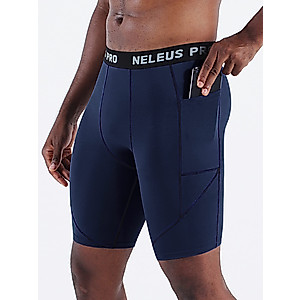 NELEUS Men's Compression Shorts with Pockets Workout Running Tights,3 Pack,6082,Black/Grey/Navy Blue,L