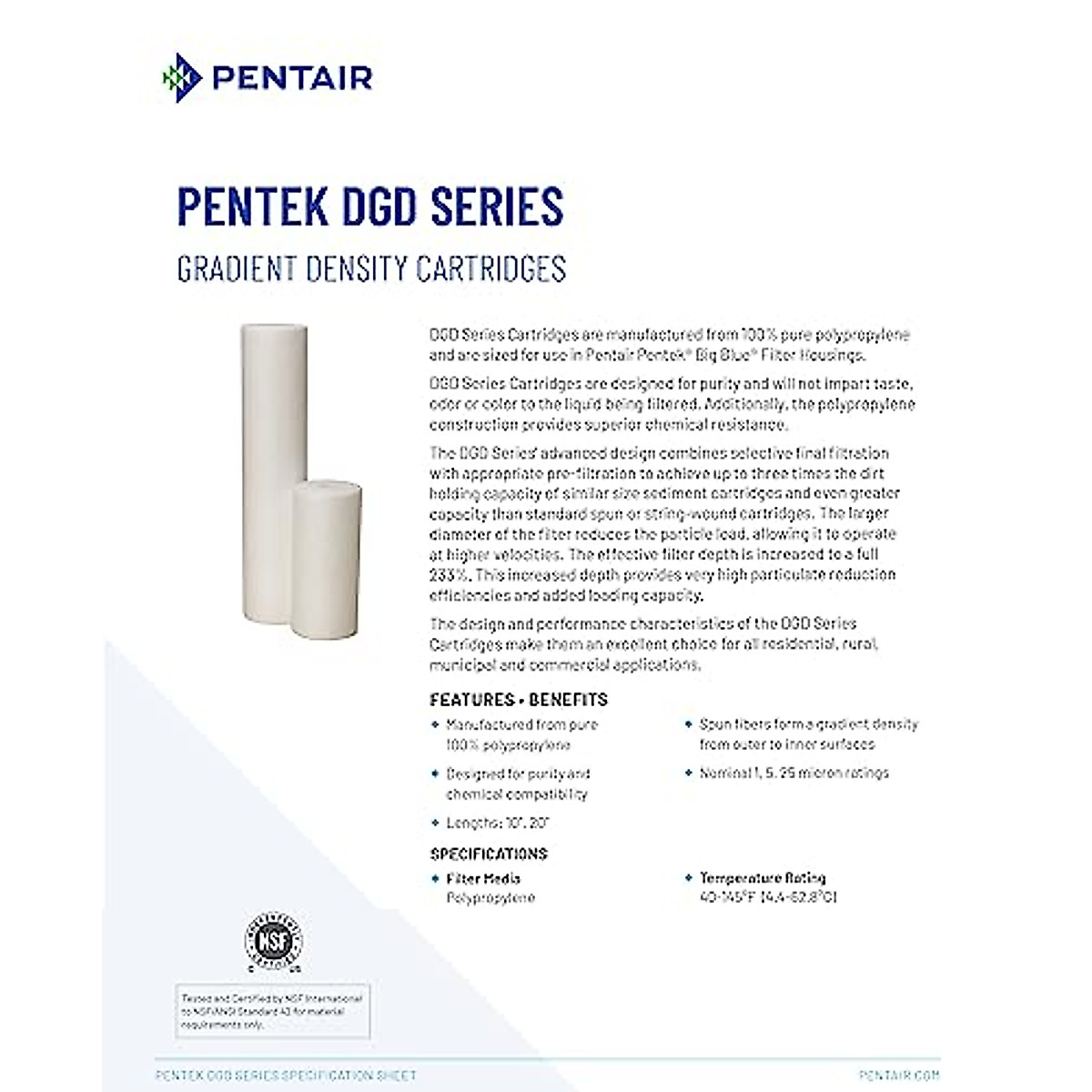 Pentair Pentek DGD-5005 Big Blue Water Filter, 10-Inch Whole House Sediment Filter Cartridge Replacement, Dual-Gradient Density Spun Polypropylene, 10" x 4.5", 5 Micron, Pack of 1