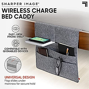 Sharper Image Wireless Qi-Charging Bed Caddy, Soft Fabric Organizing Pockets with Phone Shelf and Universal Bed Attachment