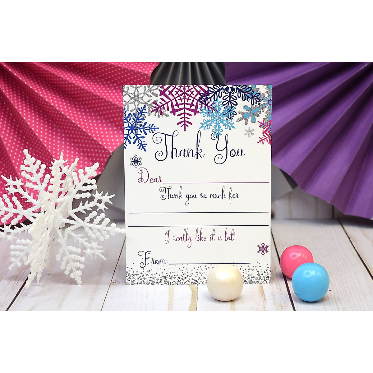 Winter Snowflake Birthday Thank You Notes, Ten 4" x 5.5" Fill In The Blank Cards with 10 White Envelopes by AmandaCreation