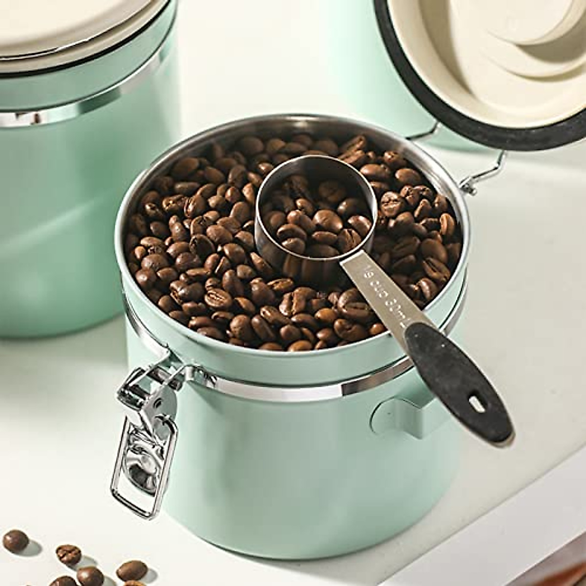 CHICIRIS Food Canister, Coffee Bean Container, Coffee Canister Mint Green Food Grade Stainless Steel Airtight Coffee Container with Scoop Date Wheel for Tea Nuts (1.5L)
