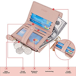 HKCLUF Small Wallets for Women,RFID Blocking Wallet Women,Bifold Slim Card Holder Zipper Coin Pocket With Tassel Keychain(Pink)