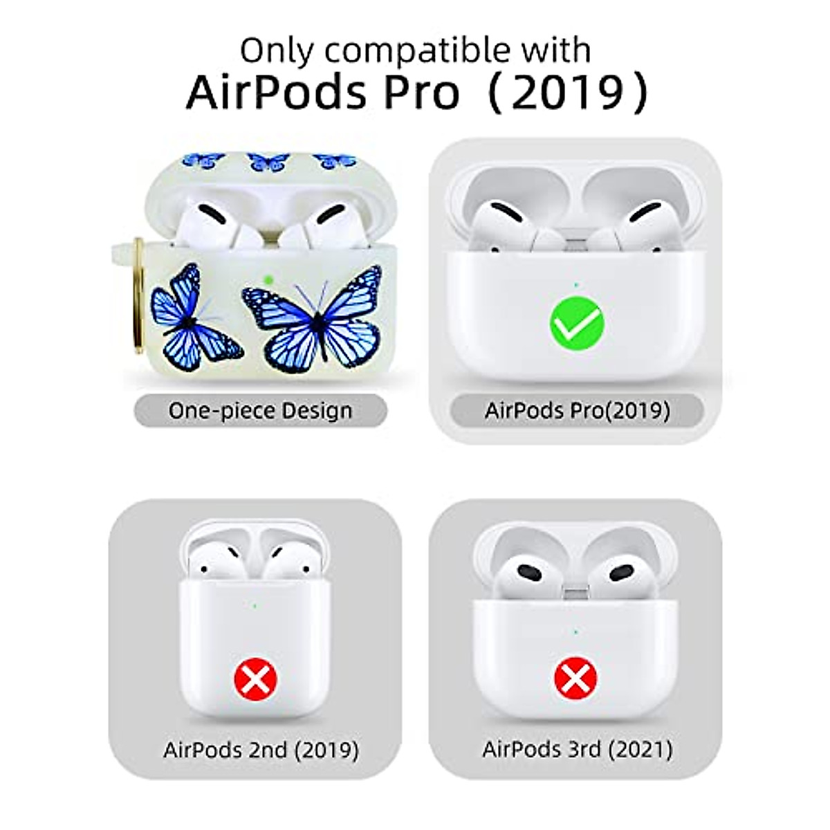 AirPod Pro Case with Keychain Wristlet, OULRAEFS Soft Silicone Skin Case Cute AirPods Pro Case Protective Case Cover with Wrist Key Lanyard for Airpods Pro 2019, Gifts for Women, Butterfly(Luminous)