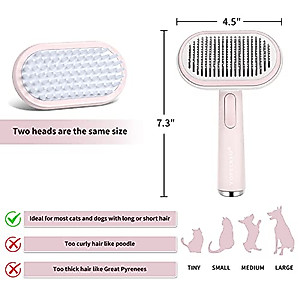 Cat Brushes for Indoor Cats, 2 in 1 Self Cleaning Slicker Brush for Shedding Long Short Haired Dogs, Cat Grooming Brush with Massage, Removes Mats, Tangles, Loose Fur Hair for Large Small Pets, Pink