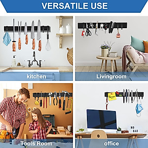 Magnetic Knife Holder for Wall 17 Inch, No Drilling black knife magnetic strip with 3 Hooks, Strong Magnet Knife Holder strip, Magnetic Knife Rack Bar for Kitchen Knives and Tools