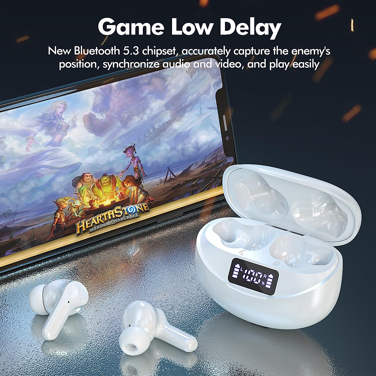 Bcaikair Wireless Earbuds, Bluetooth Headphones 5.3 HiFi Stereo, Wireless Earphones with ENC Noise Cancelling Mic, LED Digital Display in Ear Buds White