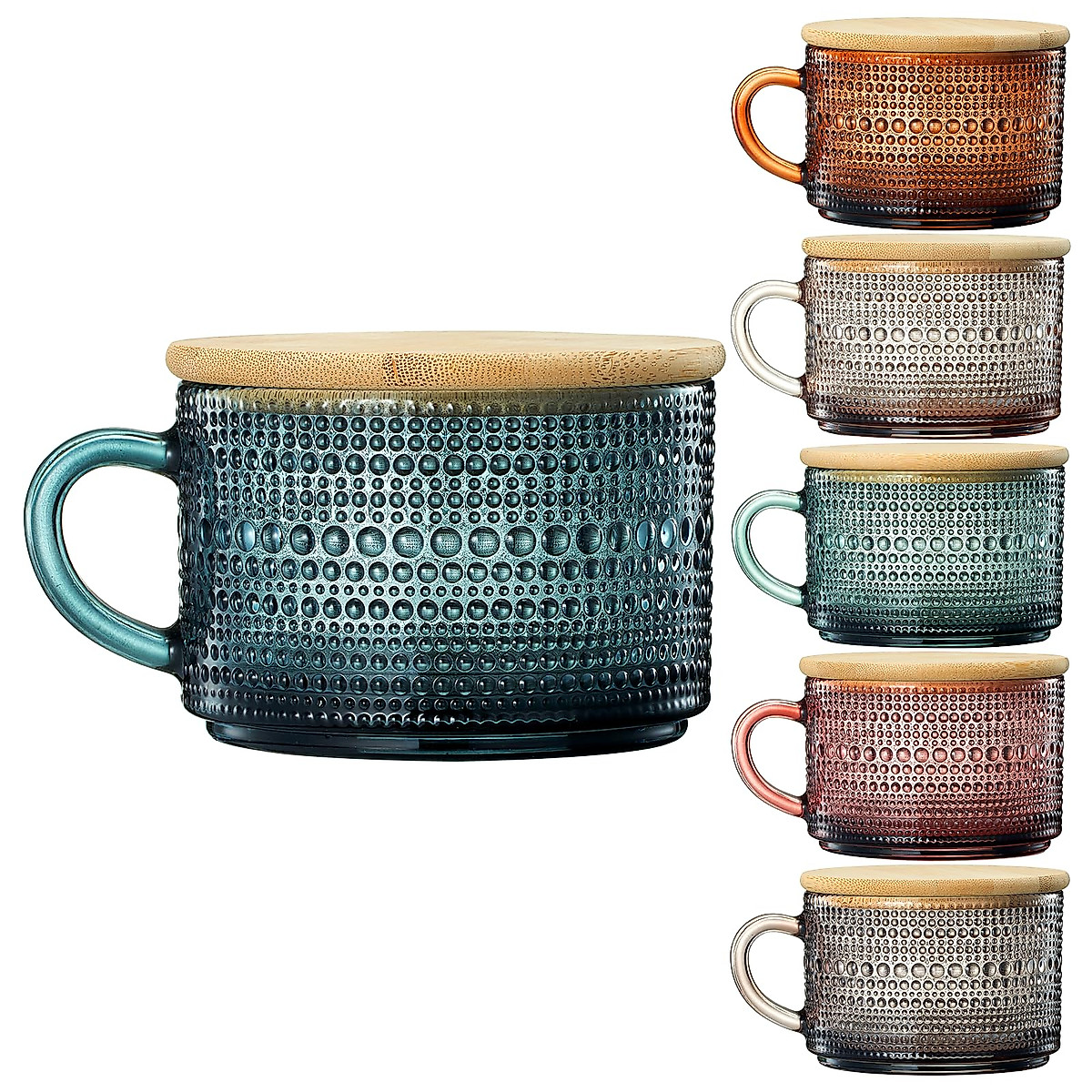 Khen Fall Colors Glass Coffee Mugs Set With Handles, Spoons & Lid | Set of 6 | 15oz Hobnail Embossed With Bamboo Lids & Gold Spoons, Glassware Mug Bubble Glasses - Cute Cups Coffee, Tea Oats Colored