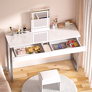 GreenForest Vanity Desk with 2 Drawers Glossy White 39 inch Modern Home Office Computer Desk Makeup Dressing Console Table with Metal Silver Legs for Small Spaces,Silver