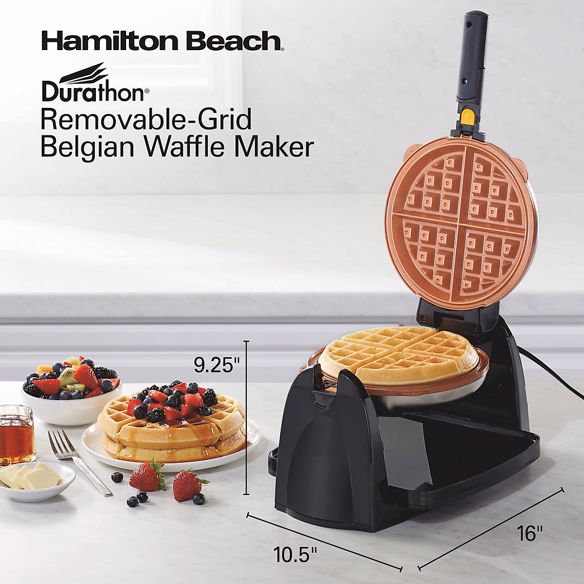 Hamilton Beach 26031 Belgian Waffle Maker with Removable Nonstick Plates, Single Flip, Ceramic Grids, Black