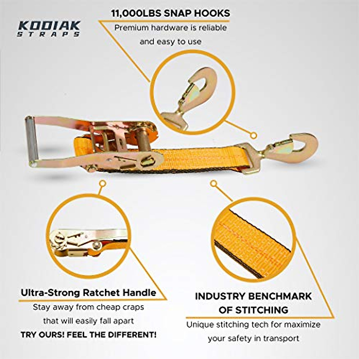 KODIAK STRAPS Adjustable Vehicle Tire Tie Down Straps Kit– 4pk Heavy Duty Tire Straps with Snap Hooks 10,000 lbs. Working Load 3333 lbs. Lasso 4 x Tow Strap Kit for Car, Truck, ATV Towing Accessories