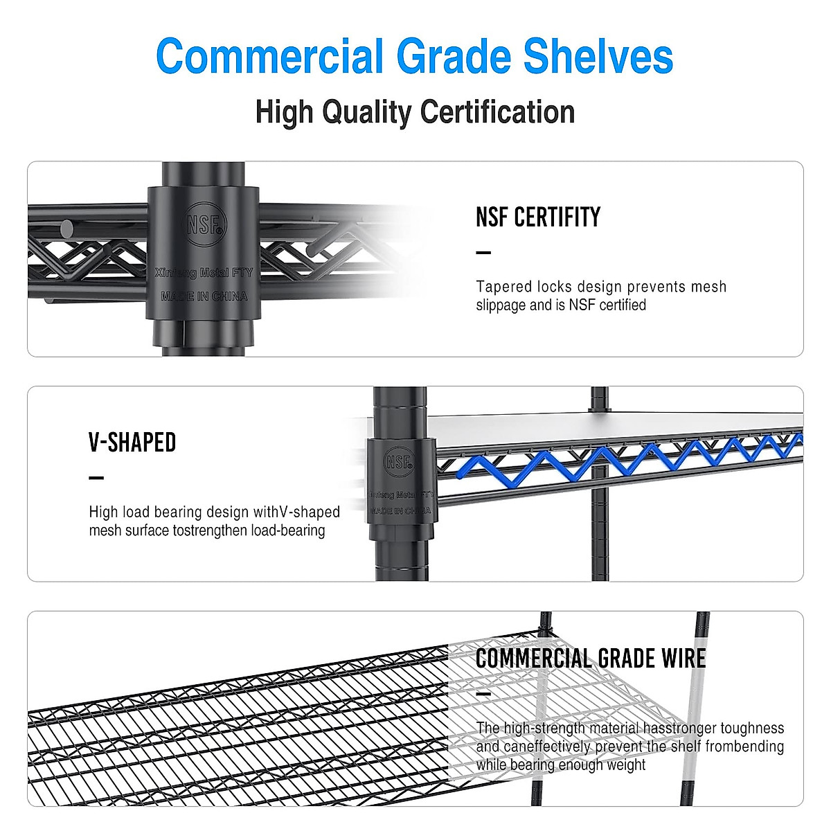 5 Tier NSF Metal Shelf Wire Shelving Unit, Heavy Duty Adjustable Storage Rack with Wheels & Shelf Liners, Black - 82" H x 48" L x 24" D 6000lbs Capacity