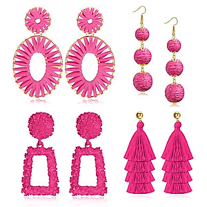 Fansilver Statement Earrings Drop Raffia Earrings Dangle Geometric Earrings Boho Long Tassel Earrings Hot Pink Earrings for Women