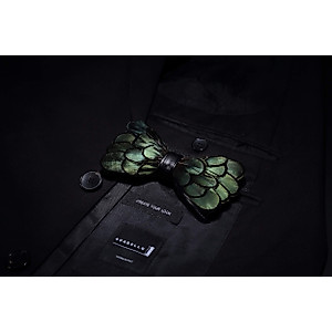 RBOCOTT Green Feather Pre-tied Bow tie Leather Bowtie and Brooch Sets for Men(6)