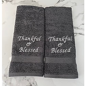 Liberty21 Embroidered Hand Towels with Inspirational Message: Thankful & Blessed (1 Set of 2 Hand Towels) for Bathroom, Kitchen or Spa. (Dark Grey)