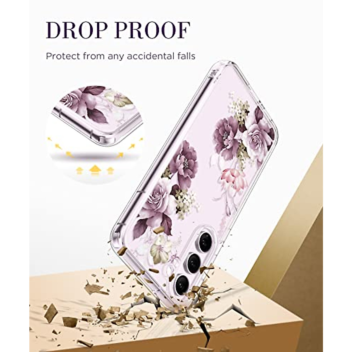 GVIEWIN Compatible with Samsung Galaxy S23 Plus Case with Screen Protector+Camera Lens Protector, Slim Shockproof Clear Floral Pattern Phone Protective Cover for Women 6.6" (Cherry Blossoms/Purple)