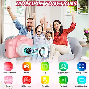 Kids Camera, Camera for Kids Boys Girls, Kids Digital Camera Toys for 6 7 8 9 Year Old Girls, HD Digital Video Cameras for Toddler, Christmas Birthday Gifts for Boys with 32GB SD Card-Pink