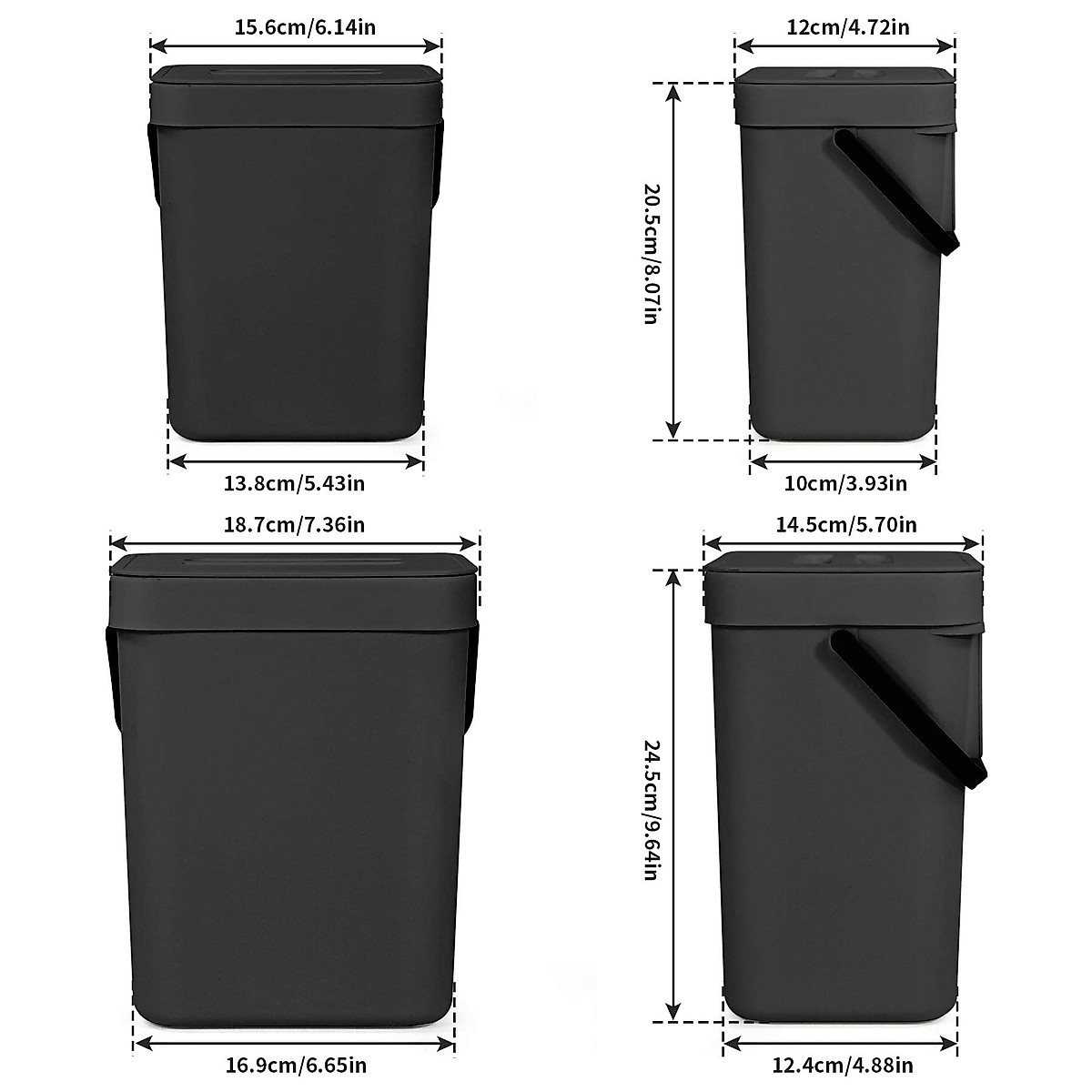 Domiella 2 Pack 1.3 + 0.8Gal Hanging Small Trash Can with Lid, Kitchen Compost Bin for Counter Top Under Sink, Sealed Food Waste Bin, Mountable Indoor Compost Bucket for Cupboard/Bathroom (Black)