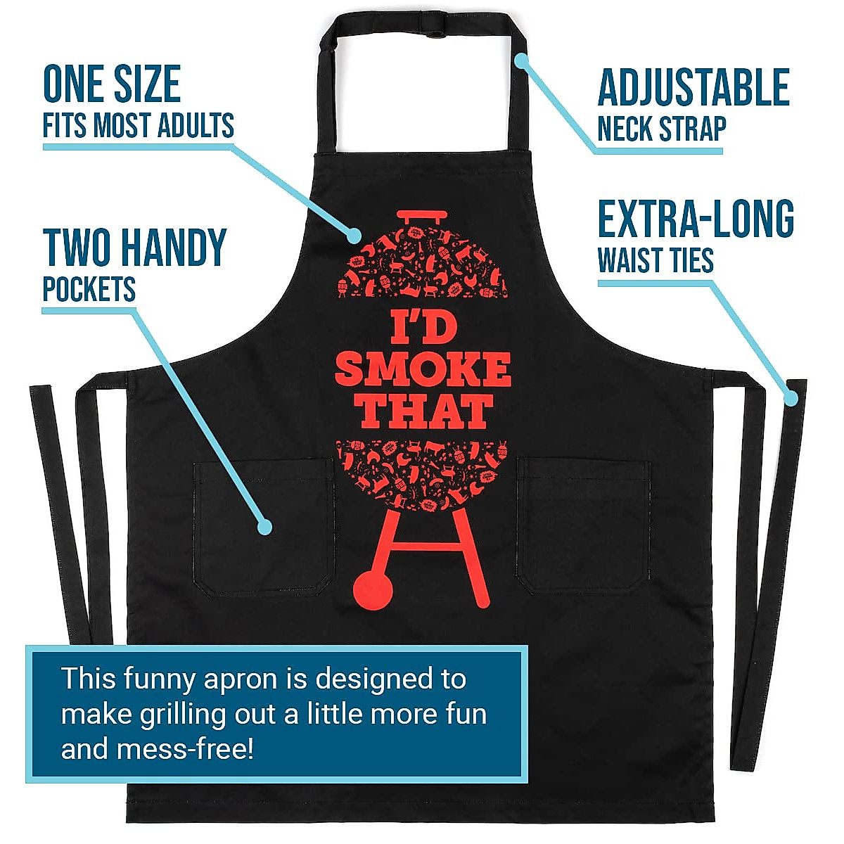 Lavley Funny Cooking Aprons Grilling Gift For Men & Women With Pockets, Extra Long Waist Ties & Adjustable Neck Strap (I'd Smoke That)
