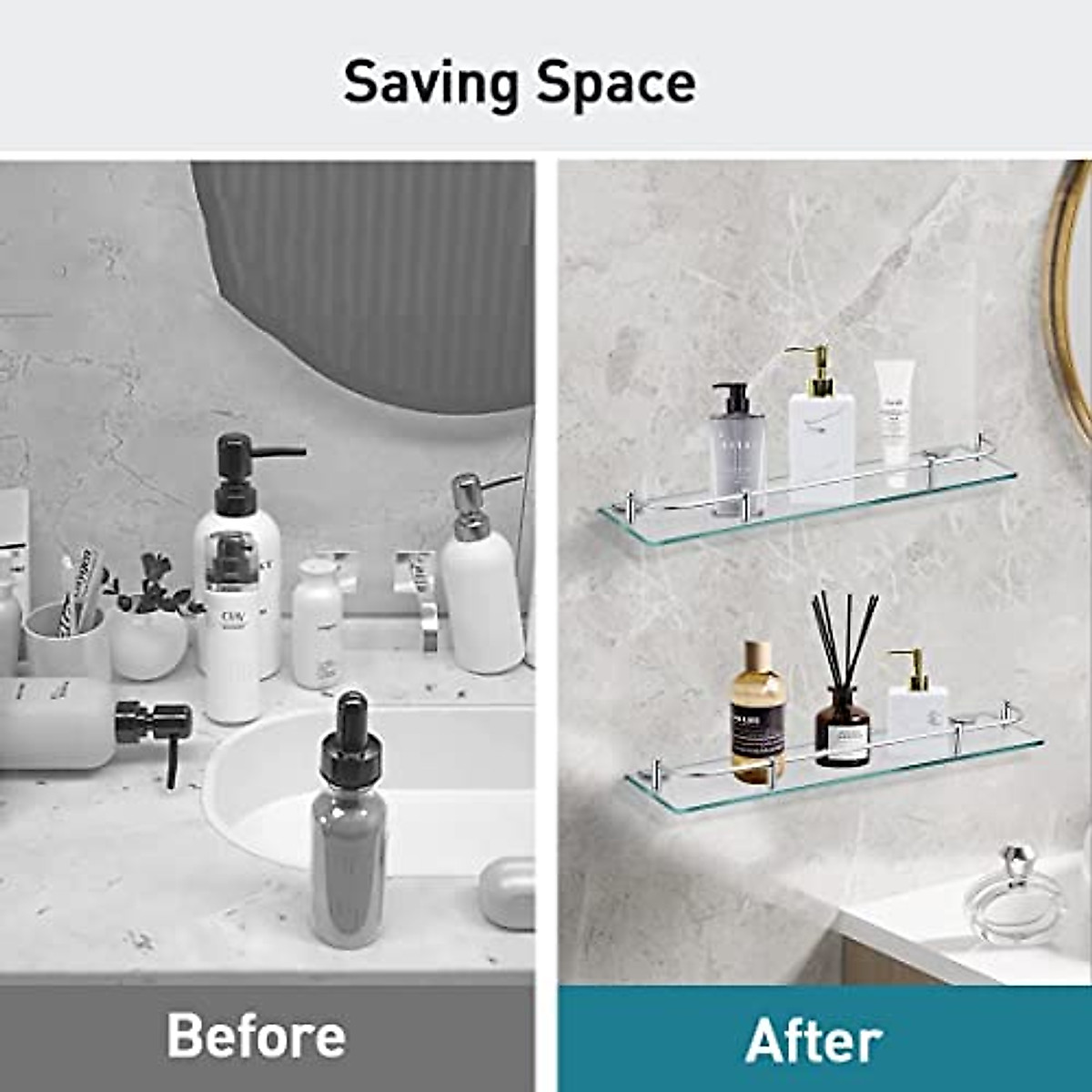 Koilria Glass Bathroom Shelf, Glass Shelves for Bathroom Tempered Glass and Stainless Steel Bracket Shower Organizer Shelf 2 Pack