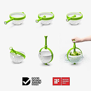 Dreamfarm Spina | Easy-To-Use Salad Spinner | Non-Scratch, Nylon Spinning Colander | Lettuce Spinner | Colander with Collapsible Handle | White & Green