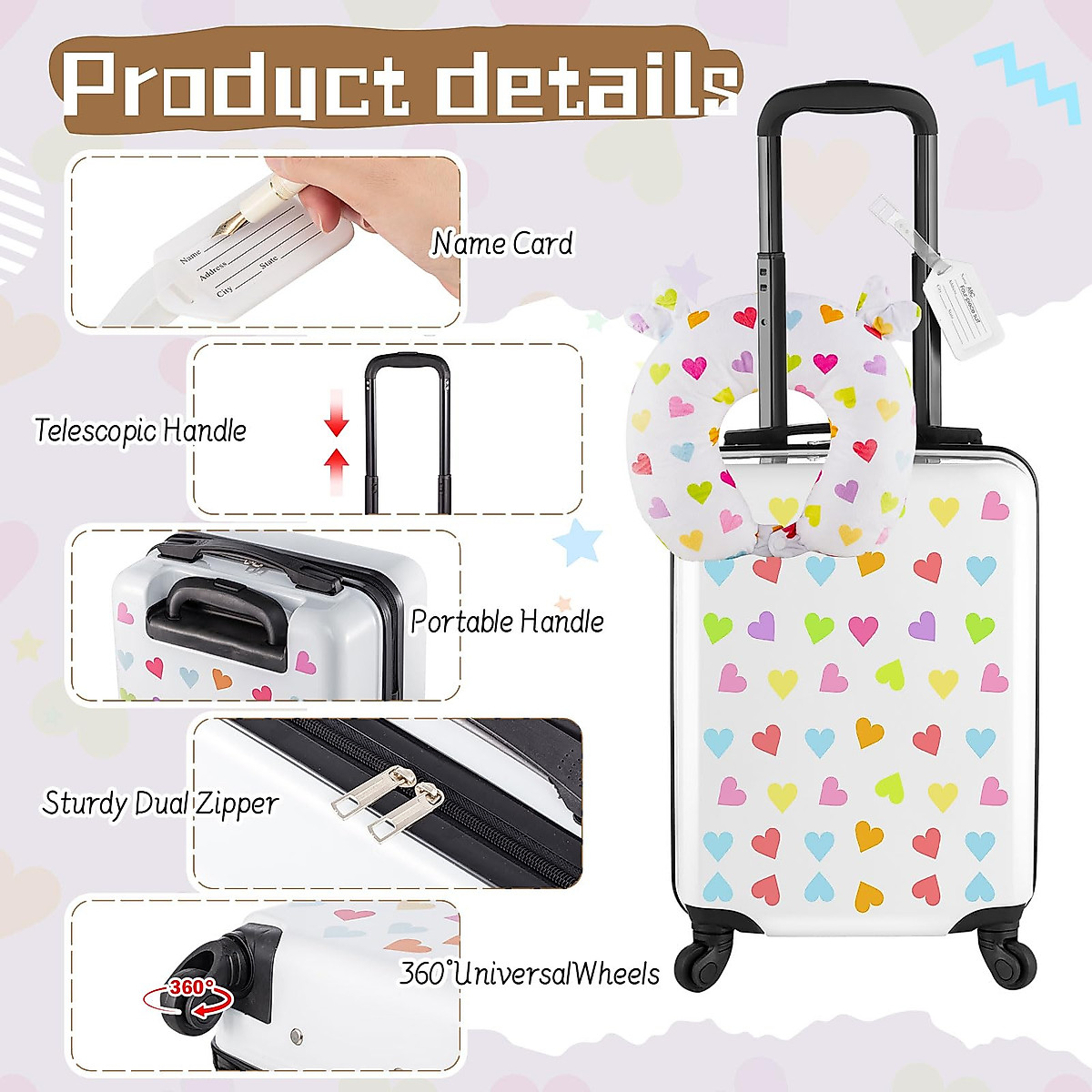 Sanwuta 4 Pieces Heart Luggage for Girls 17 Inch Kids Rolling Luggage White Travel Rolling Suitcase with Wheels Kids Luggage Set with Backpack Neck Pillow Name Tag