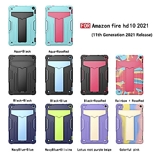 UUcovers Kindle Fire HD 10 & 10 Plus Tablet Case (Only Fits 11th Generation, 2021 Release) with Kickstand Shockproof 3 in 1 Heavy Duty Rugged Hybrid Hard PC & Soft Silicone Cover, Rainbow & Rose Red